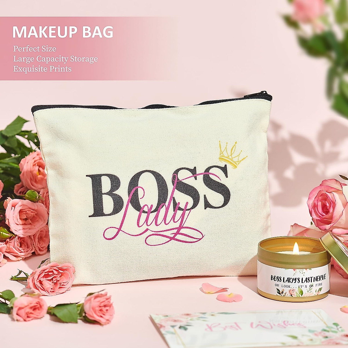 Boss Lady Gifts Set for Women, Boss Day Gifts,Best Boss Gift for Female Manager Supervisor,Tote Bag Glass Cup Candle Bracelet Keychain