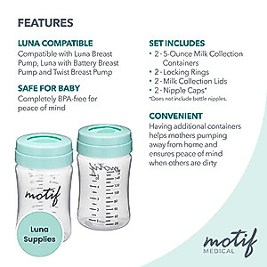 Motif Medical Breast Milk Storage Bottles - Two 160mL Bottles with Sealing Discs - Milk Collection Containers - Compatible with The Luna Breast Pump