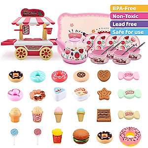 44PCS Tea Set for Little Girls, Kids Pretend Toy Playset, Teapot Dishes Dessert Mini Ice Cream Cart & Carrying Case, Princess Tea Time Kitchen Pretend Play Toys Gift for Toddlers Girls Age 3-8