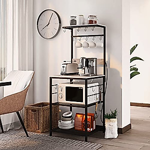 GiftGo Kitchen Bakers Rack with Power Outlet, Coffee Bar Table 4 Tiers, Kitchen Microwave Stand Multifunctional Kitchen Storage Shelf Rack for Spices, Pots and Pans (Grey)