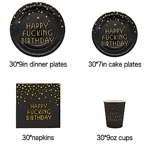 Pandecor 120 PCS Black and Gold Happy FING Birthday party supplies -Serves 30- Include Dinner Plates,Dessert Plates,Cups and Napkins for Adult Funny Birthday Party