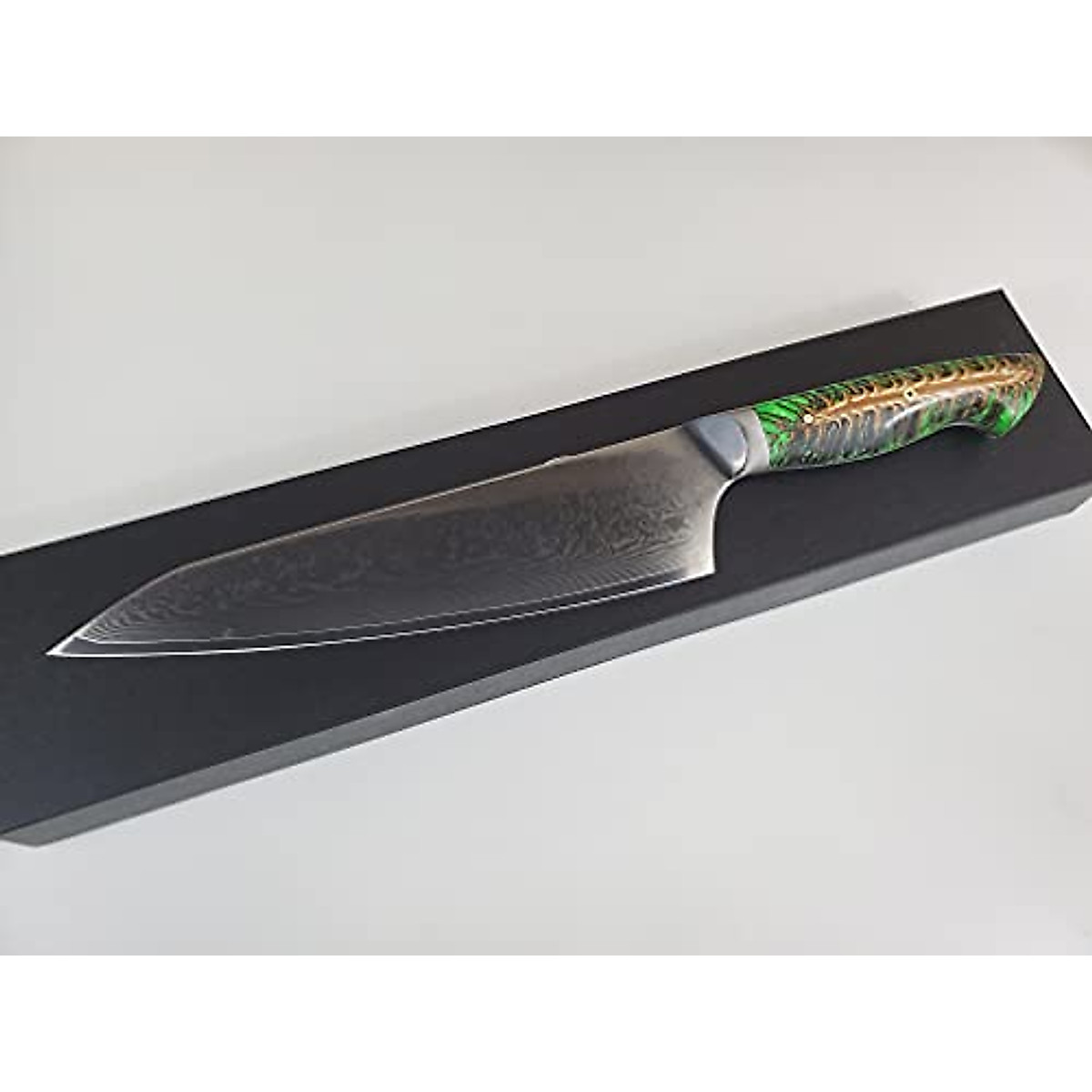 Custom VG10 Damascus chef knife Hybrid Santoku 9" White Silver cast pine cone handle, kitchen knife w/ 67 layer SS Damascus (Alien Green)