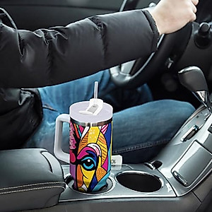 Dog Head Abstract Tumbler with Handle and Straw 30-40 Lid Cup Holder Compatible for Travel Insulated Stainless Steel Cup Food Grade PP Gifts for Him Her BPA-free