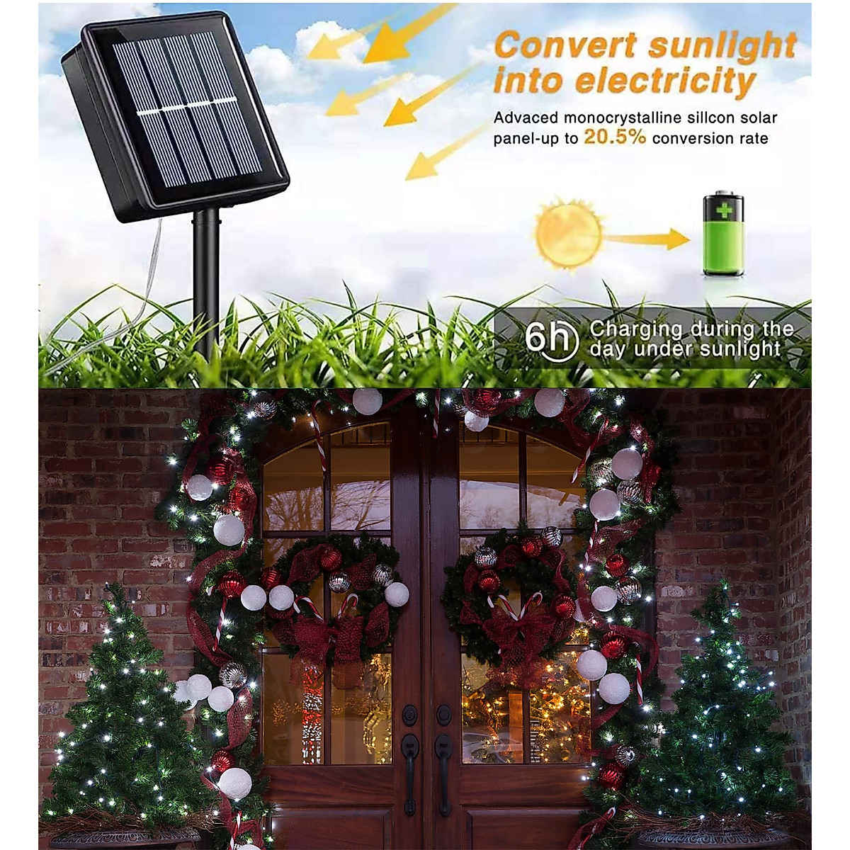 QITONG 2 Pack White Solar Christmas Lights, Each 66ft 200LED Solar String Lights Outdoor Waterproof, 8 Modes White Solar Lights for Outside Tree Yard Garden Christmas Decorations (Cool White)