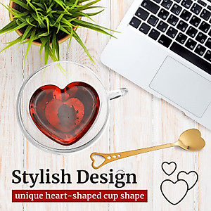 Heart Shaped Cup - Double Walled Insulated Glass Coffee Mug or Tea Cup - Double Wall Glass 10oz (300ml) - Clear - Unique & Insulated with Handle - With Teaspoon