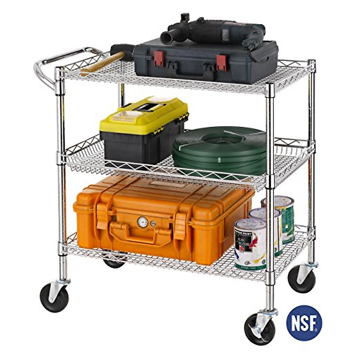 Finnhomy 3 Tier Heavy Duty Commercial Grade Utility Cart, Wire Rolling Cart with Handle Bar, Steel Service Cart with Wheels, Utility Shelf Plant Display Shelf Food Storage Trolley, NSF Listed