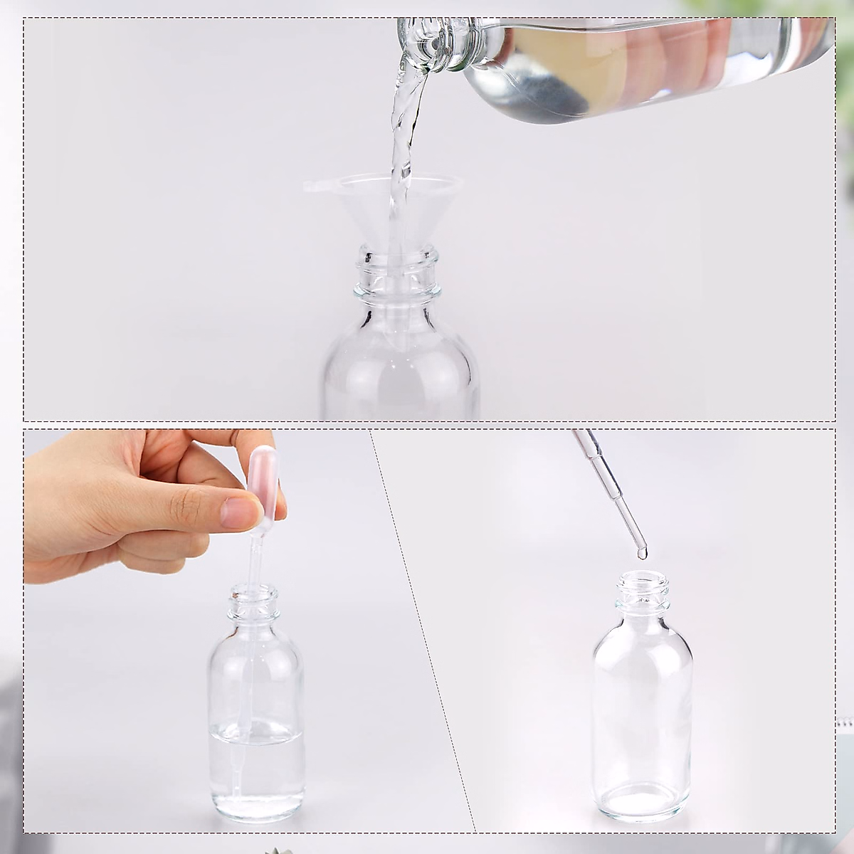 Wedama 4 oz Mini Glass Spray Bottles, Empty Small Spray Bottles with Funnel Dropper, Fine Mist for Hair, Travel, Plants, Cleaning Solutions and Skin Care (4 Pack Clear)