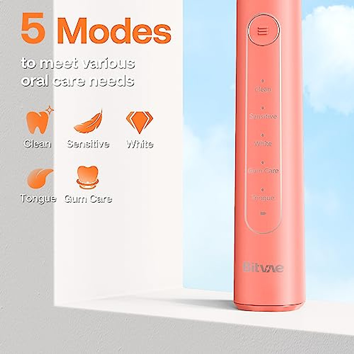 Bitvae R2 Rotating Electric Toothbrush for Adults with 8 Brush Heads, 5 Modes Rechargeable Power Toothbrush with Pressure Sensor, Coral Orange