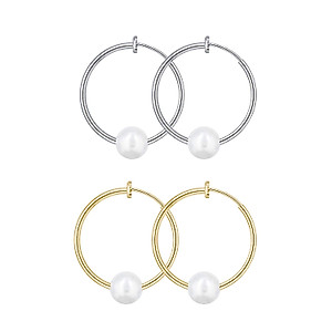 YOQUCOL 2 Pairs Clip On Hoop Earrings for Women Simulated Freshwater Pearl Non Pierced Ears Spring Hoops