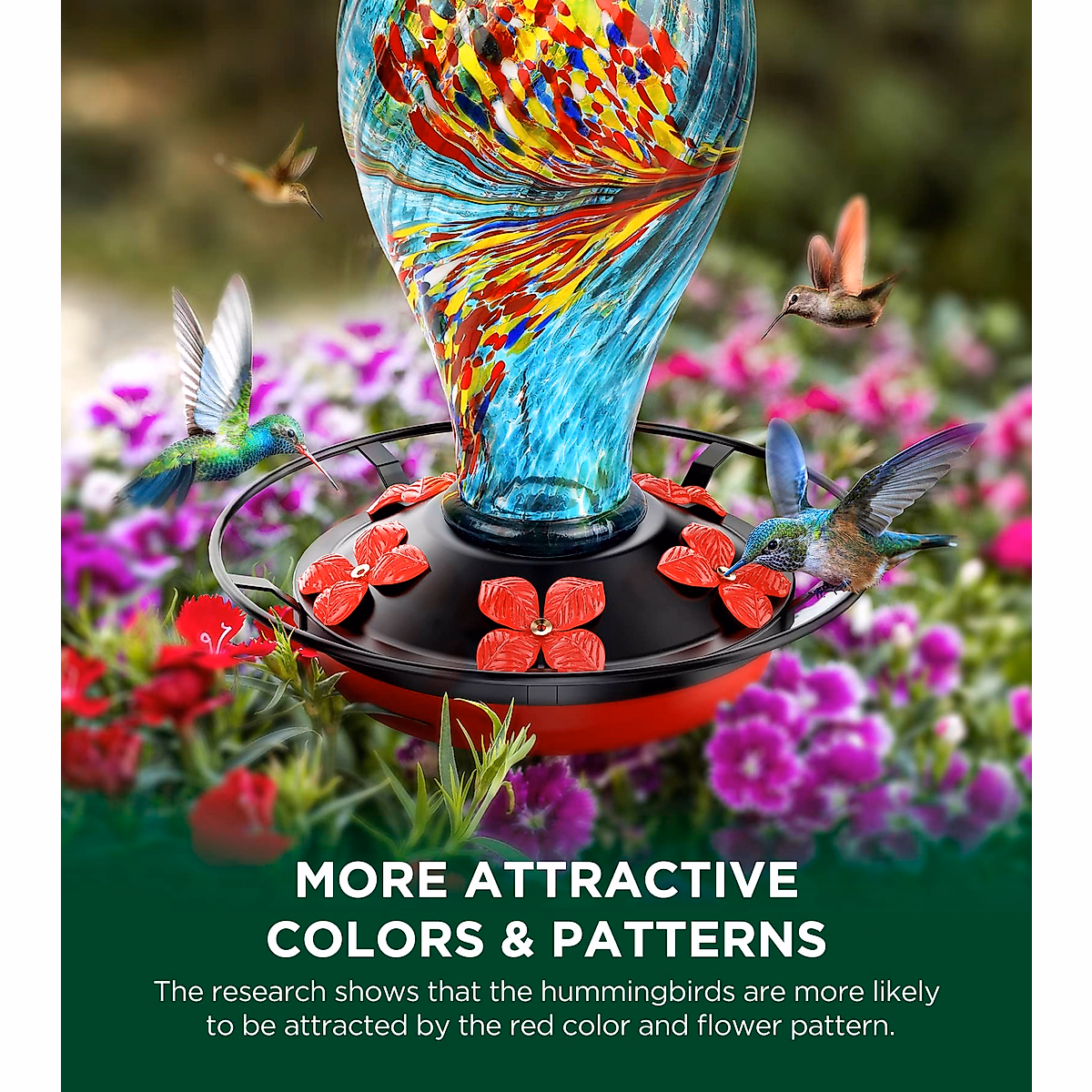 KONIZY Hummingbird Feeders for Outdoors Hanging, Hand Blown Glass Hummingbird Feeder with Attractive Spiral Pattern for Garden Decor, 30 OZ Leakproof Humming Bird Feeder with Rustproof Base