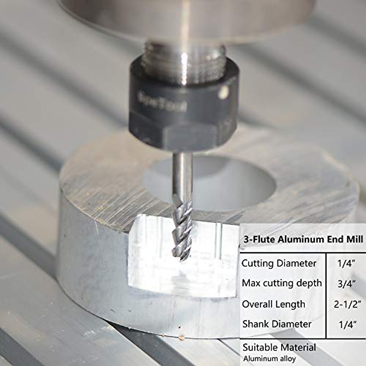 SpeTool 1/4 End Mill for Aluminum 3 Flutes CNC Spiral Router Bit for Aluminum Cut Non-Ferrous Metal Upcut 2.5 inches Long 5 Pieces