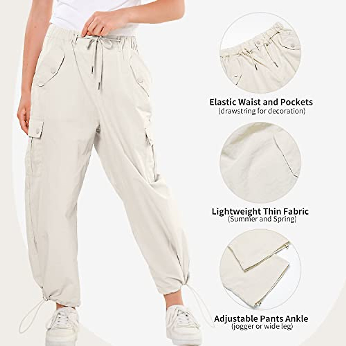 Rolanko Girls Parachute Pants, Cargo Pants for Girls Baggy Y2K Loose Jogger Trousers with Pockets for Kids (Beige, 8-10)
