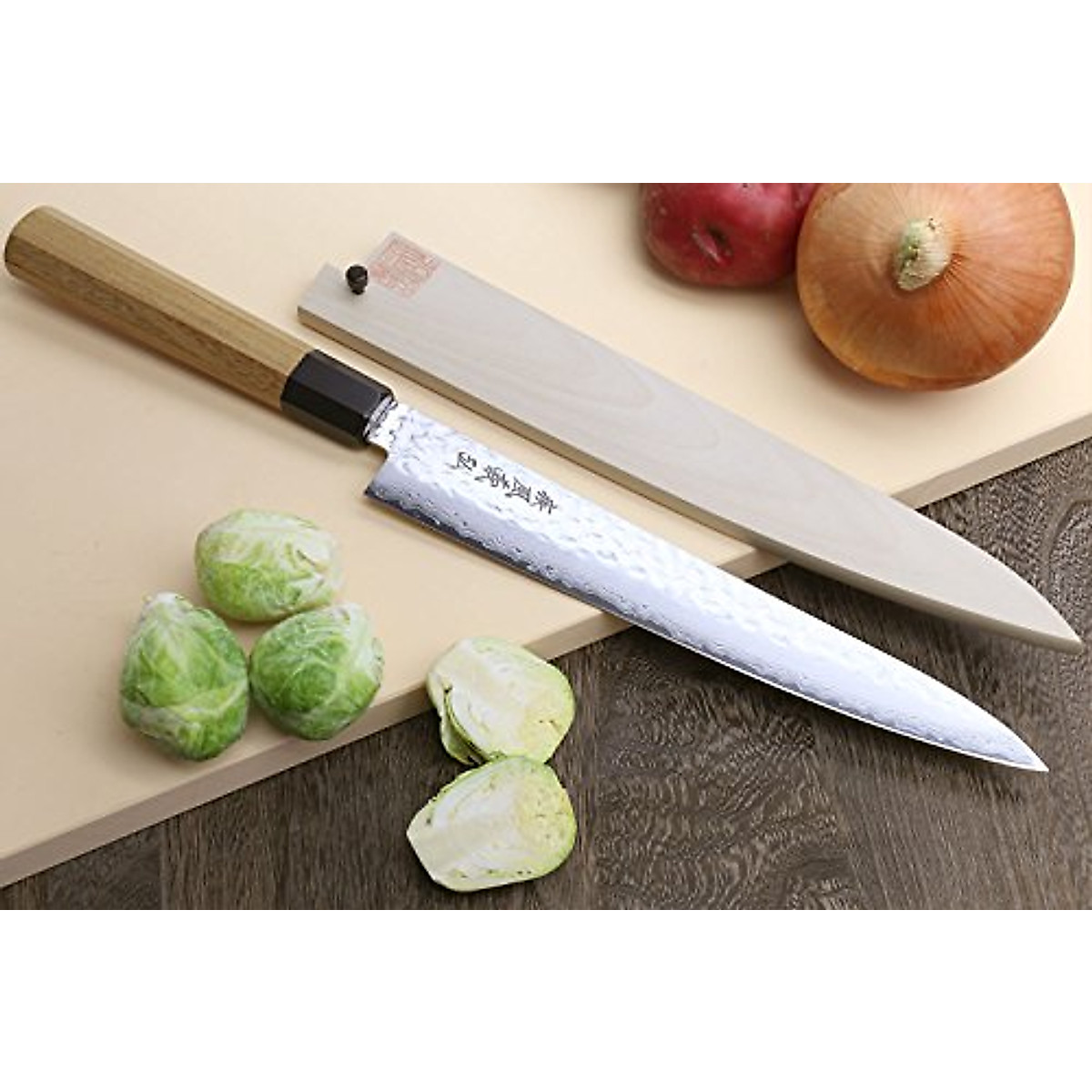 Yoshihiro VG-10 46 Layers Hammered Damascus Sujihiki Japanese Slicer Knife (9.5'' (240mm) Ambrosia Handle)