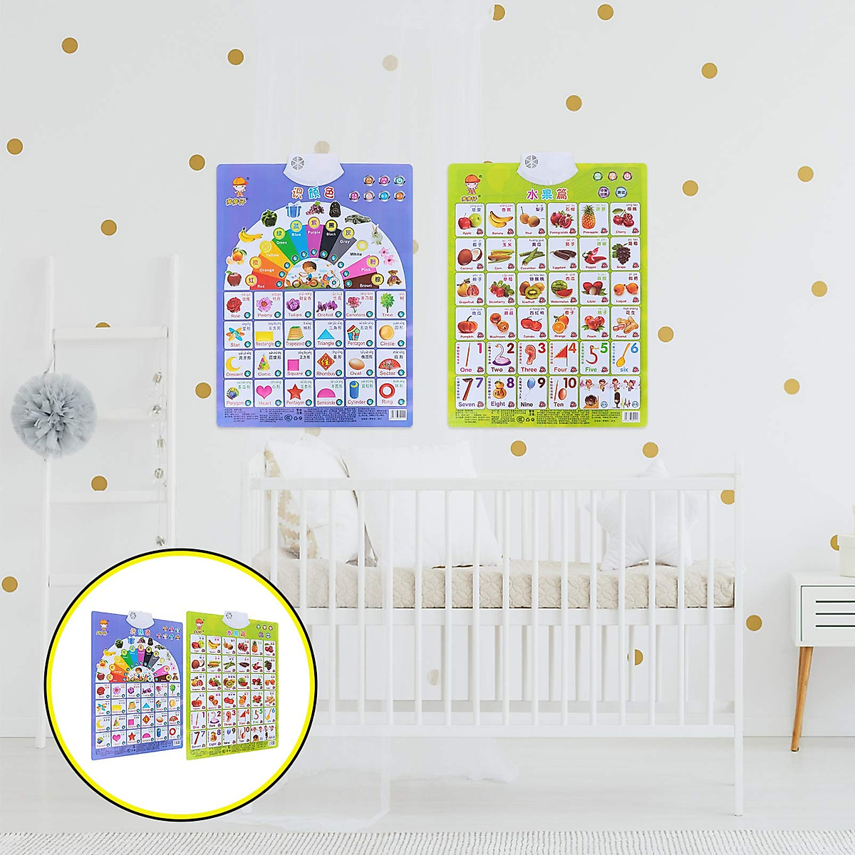 STOBOK 2pcs Fruit, Interactive with Numbers, Charts Between Audio Colors, Music Posters Poster and Chinese Shapes, English Learn Electronic for Home Hanging Preschool