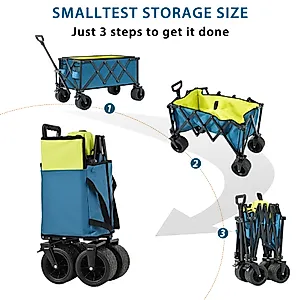 WARMHONIU Beach Wagon Cart with Big Wheels for Sand, Aluminum Collapsible Folding Wagon, Heavy Duty Foldable Cart with Removable Wheels, Outdoor Utility Wagon for Sand, Camping, Garden
