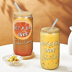 Birthday Gifts for Women - Not A Day Over Fabulous - Funny Gift for Best Friend Sister Wife Coworker Girlfriend Teacher Female - Mothers Day Gift for Mom - Glass Coffee Cups with Lids and Straws 16 Oz