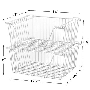 Slideep 14'' Large Stackable Storage Baskets Cabinet Organizer Sturdy Metal Wire Pantry Freezer Bin for Pantry Home Bathroom Kitchen Organization White - 4 Pack