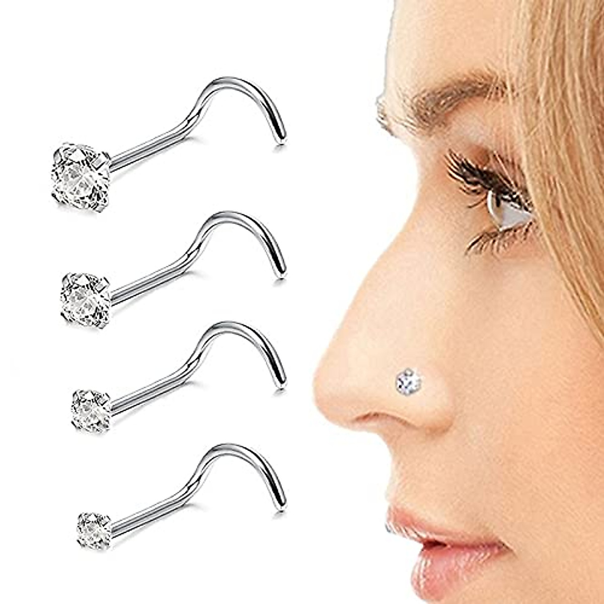 Vitaltyextracts 8pcs 20G Hypoallergenic Nose Screw Studs Round Diamond Surgical Steel Nose Rings Piercing Set