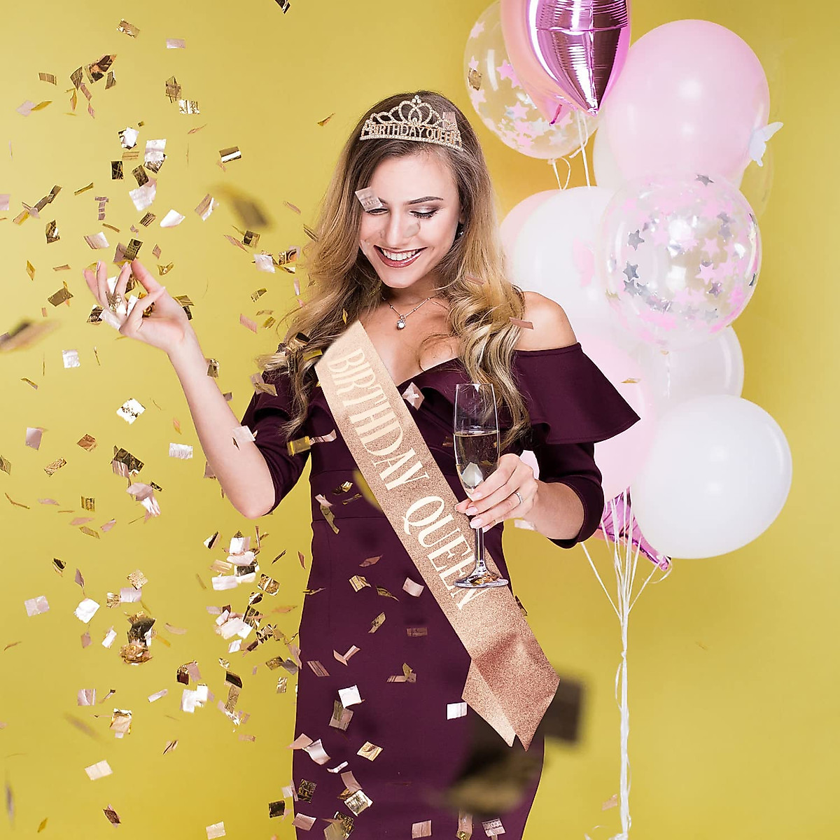 Chanaco Rose Gold Birthday Crowns, Sash and Tiara Set for Women - Happy Birthday Decorations