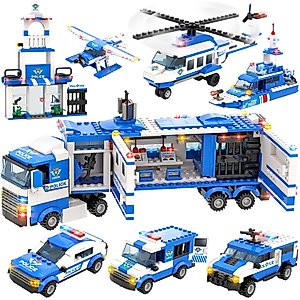 WishaLife 8 in 1 City Police Mobile Command Center Truck Toy Building Set, with Police Station Toy, Police Car Toy, Helicopter Toy, Boat Toy, Fun Police Toys Gift for Kids, Boys and Girls Ages 6 Plus