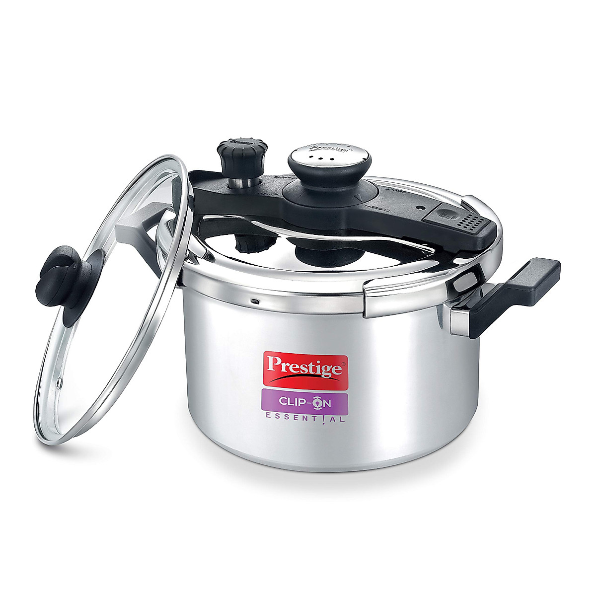 Prestige Clip-On Essential Combi Pack 5L + 3 L Aluminium Pressure Cooker with 1 Lid and a Glass Lid