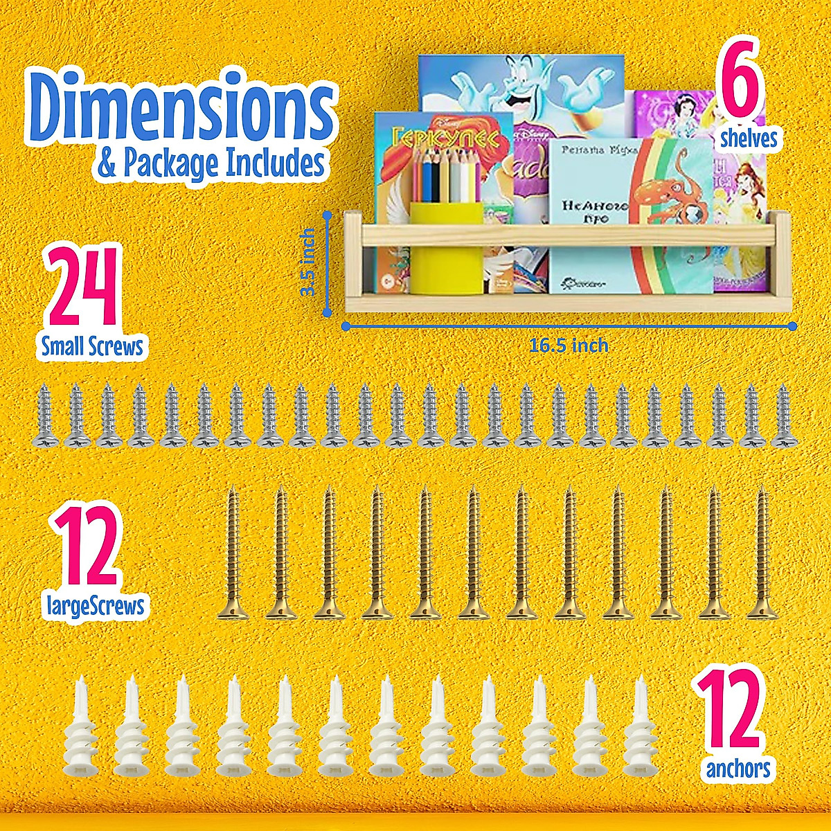 NEC GLOBAL UNLIMITED Set of 6 Wall Mounted Nursery Bookshelves for Kids Room - Small Wooden Bookshelf for Storage and Display of Baby, Teen, Boys and Girls Bedroom, Bathroom, and Décor