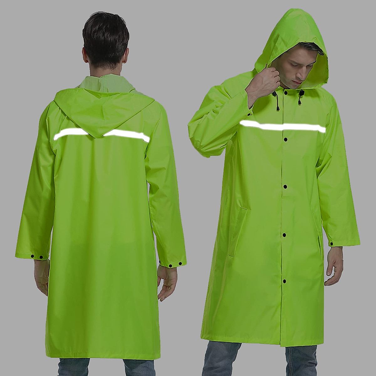 Mens Long Hooded Safety Rain Jacket Waterproof Emergency Raincoat Poncho(Green,XXL)