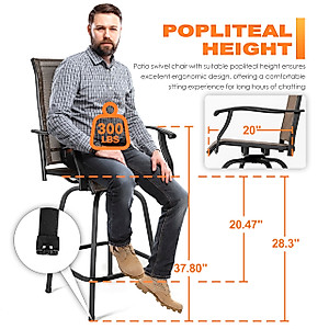 NUU GARDEN Outdoor Patio Swivel Bar Stools with Backrest, Set of 2 Swivel Bar Stools, 360 Degree Swivel Patio Bar Height Outdoor Chairs, Black&Brown