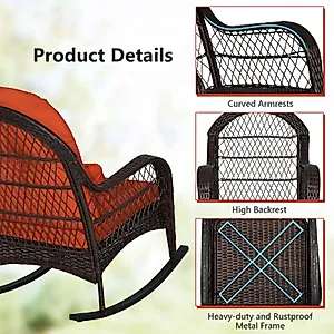 Tangkula Outdoor Wicker Rocking Chair, Patio Rattan Rocker with Seat Back Cushions & Waist Pillow, Sturdy Metal Frame, Mix Brown Outdoor Rocker for Balcony, Porch, Backyard (1, Orange)