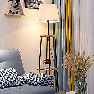 Energy Saving Tall Lamp Creative Floor Lamp 2 Shelves Solid Wood Bookshelf Light with Remote Standing Lamps Rustic Floor Light Bedroom Pole Lamp Stable