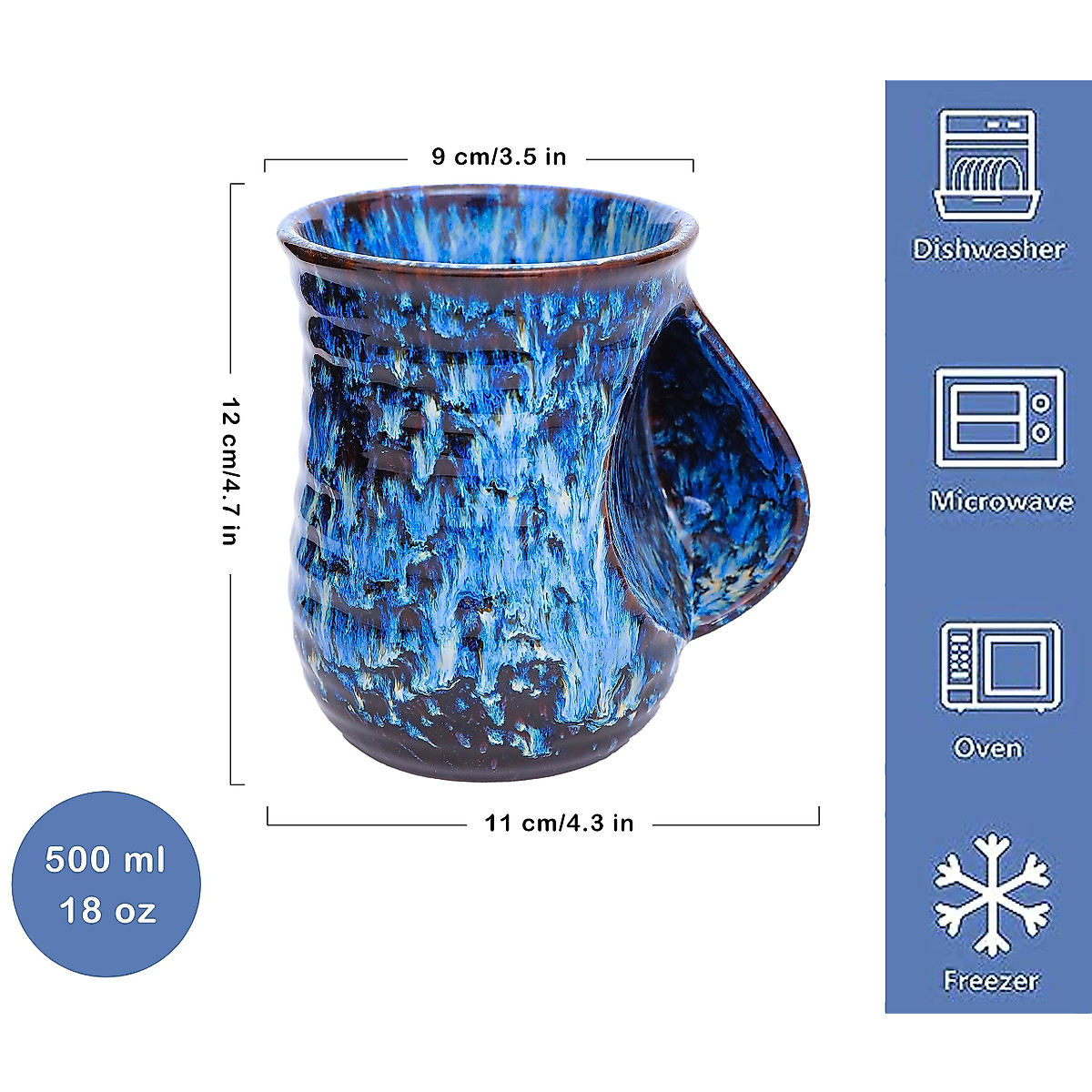 18oz Ceramic Hand Warmer Mug, Novelty Hand Warmer Coffee Mug, Tea Mug, Keep Your Hands Warm, Comfy Handwarmer, Microwave And Dishwasher Safe (Blue)