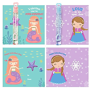 Valentines Day Gifts for Kids - Valentines Day Cards for Kids - Mermaid Princess Valentine Card Bubble Wands 24 Pack - Valentine's Day Bubbles Party Favors Toys for Girls School Classroom Exchange