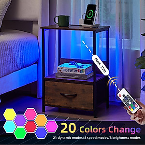 Somdot Night Stand with Charging Station and LED Light for Bedroom, Bedside Table End Table for Dorm Bedside Laundry Closet Entryway Hallway, Wood Grain Print