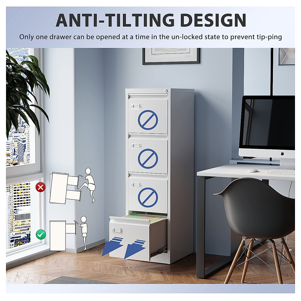 Anxxsu 4 Drawer File Cabinet, Filing Cabinets for Home Office, Metal Vertical File Storage Cabinet with Lock, Locking File Cabinet for A4 Legal/Letter, 15" W x 17.7" D x 50.1" H, Assembly Required