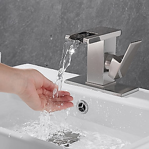 LOOPAN Led Waterfall Bathroom Faucet One Hole Single Handle,3 Colors Changing Waterfall Spout Brushed Nickel Faucet for Bathroom Sink Mount Vanity Faucet Lead-Free for Commercial Residentia