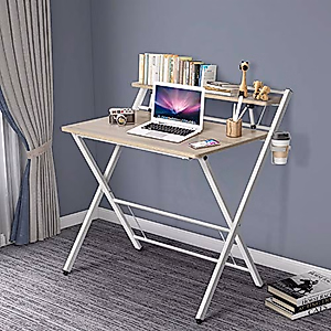 Folding Computer Desk for Small Space, 2 Tier Simple Laptop Writing Table with Shelf, Multipurpose Foldable Study Desk, Kids Desk, No Assembly Needed (Khaki)