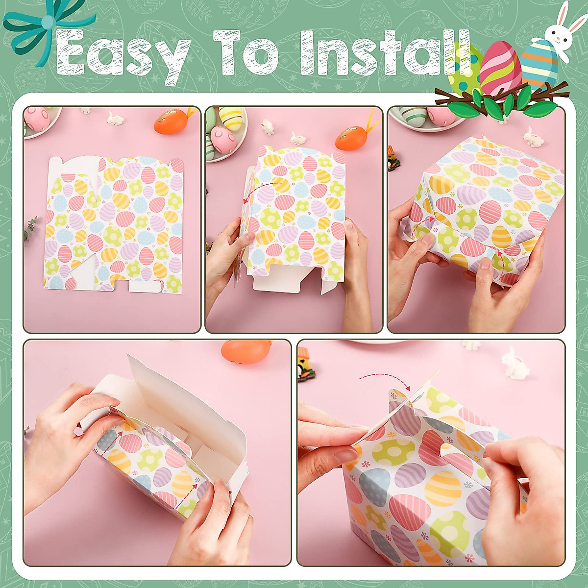 Dianelhall 24 Pcs Easter Treat Boxes Paper Gift Box Party Favor Small Basket with Handle Bunny Eggs Containers for Kids Gifts, 6 x 3.5 x Inch