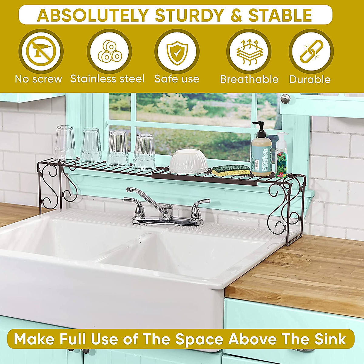 Kovot Expandable Over The Sink Shelf Extends in length from 24.5" to 40.75" | Add additional storage for soaps, cleansers, sponges and more 8.5" H x 5.75" D (Bronze)
