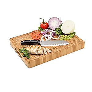 End Grain Wood Bamboo Cutting Board for Kitchen, Commercial Use - Extra Large, Thick Butcher Block with Juice Groove, Handles, and Non-Slip Feet for Chopping Veggies, Carving Meat, Bread and Cheese