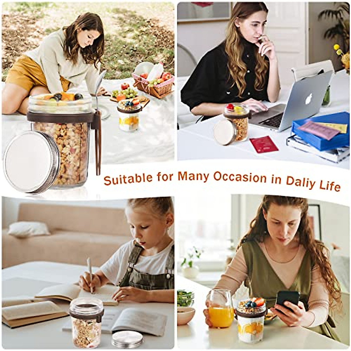 KesaPlan Overnight Oats Containers with Lid and Spoon, 10oz Airtight Large Capacity Mason Jar, 2PCS Leak-proof Oatmeal Jars with Measurement Marks, Reusable On The Go Parfait Cups for Yogurt Cereal