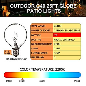 NICONIK Patio String Light 25FT, 25 Bulbs(2 Spare) /5W & 2FT Extended Plug Cord, IP44 Waterproof Glass Edison Globe Outdoor Lights, Connectable Hanging Garden Light for Backyard Balcony Party Décor