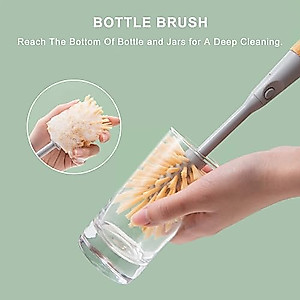 SetSail Dish Brush Set with Storage Holder, 4-in-1 Kitchen Cleaning Brush Set with 2 Interchangeable Brush Heads&Scrub Sponge Bamboo Handle Bottle Brush, Dish Scrub Brush and Corner Brush for Kitchen