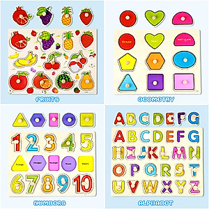 8 Set Wooden Peg Puzzles for Toddlers 2-4 Years Alphabet Number Animal Vehicles Puzzles Board for Kids Educational Learning Puzzles Toys for Children Babies Boys Girls (Lovely)