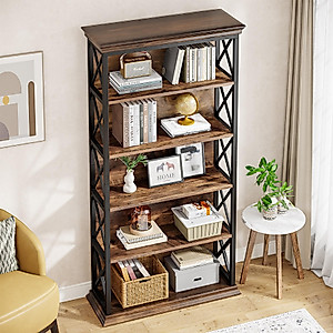 Tribesigns 6-Tier Bookcase, 71 Inches Industrial Bookshelves and Bookcases, Floor Standing 5 Shelf Display Storage Shelves Tall Bookcase for Home Office, Living Room, Bed Room, Brown and Black