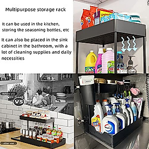 Under Sink Organizer L-Shaped, Bathroom Organizer, 2 Tier Rack Pull Out Kitchen Sliding Storage, Multi-purpose Sink Organizer Storage, with 1 Cup 4 Hooks for Home Kitchen Drawer, Black