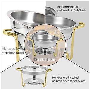 Restlrious Chafing Dish Buffet Set Round Stainless Steel 5QT Chafers and Buffet Warmers Sets for Catering, Complete Chafing Set with Water Pan, Food Pan, Fuel Holder and Lid in Gold Accents, 1 Pack