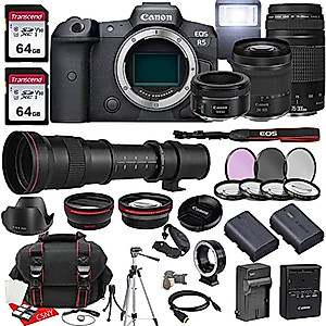 Canon EOS R5 Mirrorless Camera w/RF 24-105mm f/4-7.1 IS STM + EF 75-300mm f/4-5.6 III + EF 50mm f/1.8 STM + 420-800mm f/8.3 HD Lenses + 2X 64GB Memory, Hood, Case, Filters, Tripod & More (35pc Bundle)