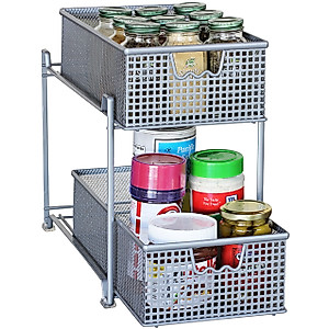 DecoBros 2 Tier Mesh Sliding Cabinet Basket Organizer Drawer,Silver