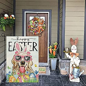 CROWNED BEAUTY Happy Easter Dog Garden Flag Golden Retriever 12x18 Inch Double Sided for Outside Burlap Small Yard Eggs Holiday Decoration CF706-12