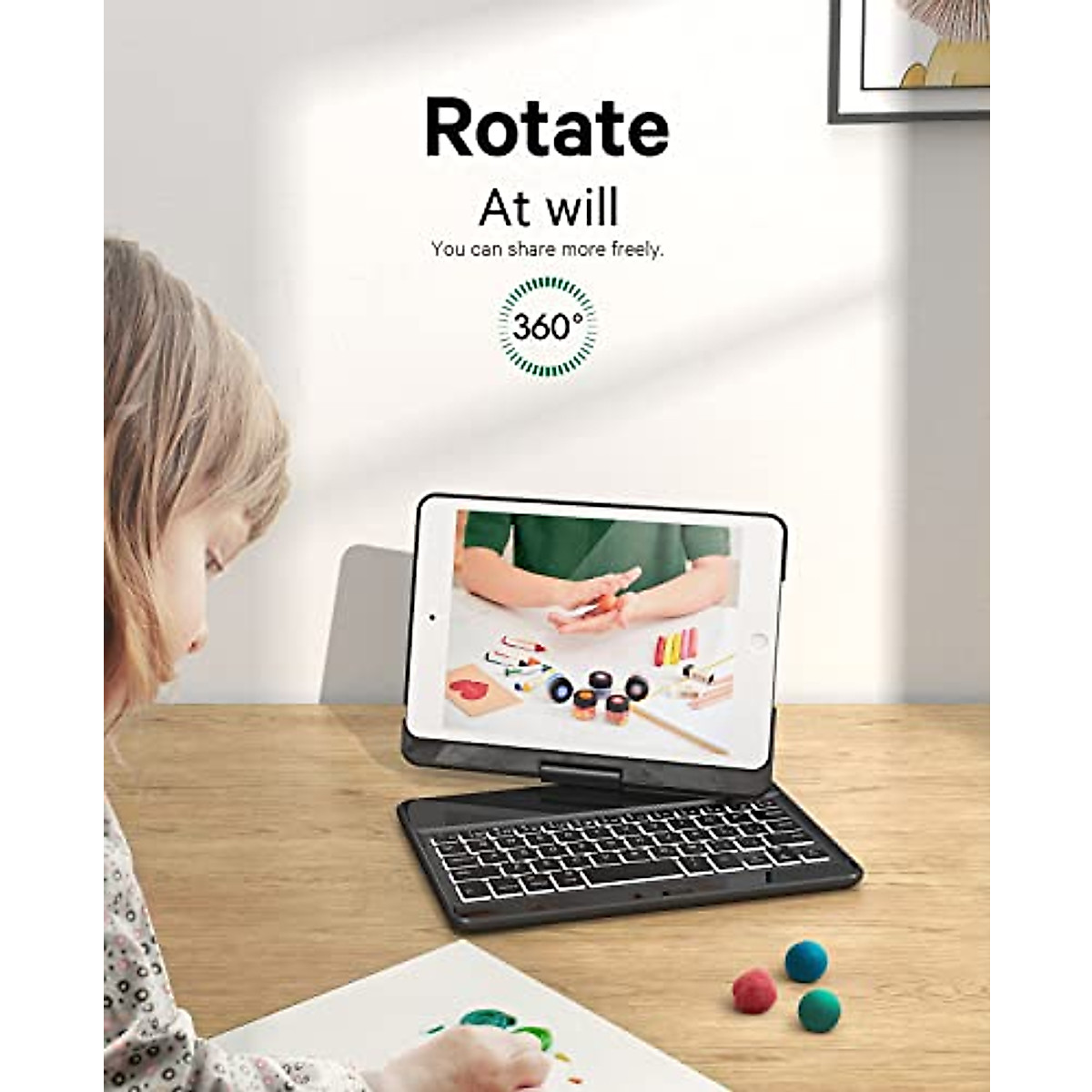 GreenLaw Keyboard case for iPad Mini 5/ Mini 4-360° Rotatable 180 Flip- 7 Colors Backlit - Wireless Smart Folio Auto Sleep/Wake Hard Cover fit for iPad Mini 5 2019(5th Gen)/ iPad Mini 4 2015, Black